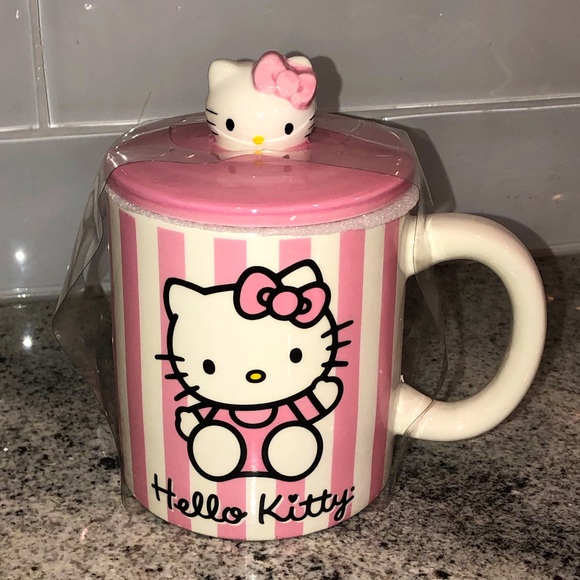 Hello Kitty | Dining | Nwt Hello Kitty Striped Pink Mug With Lid Topper ...